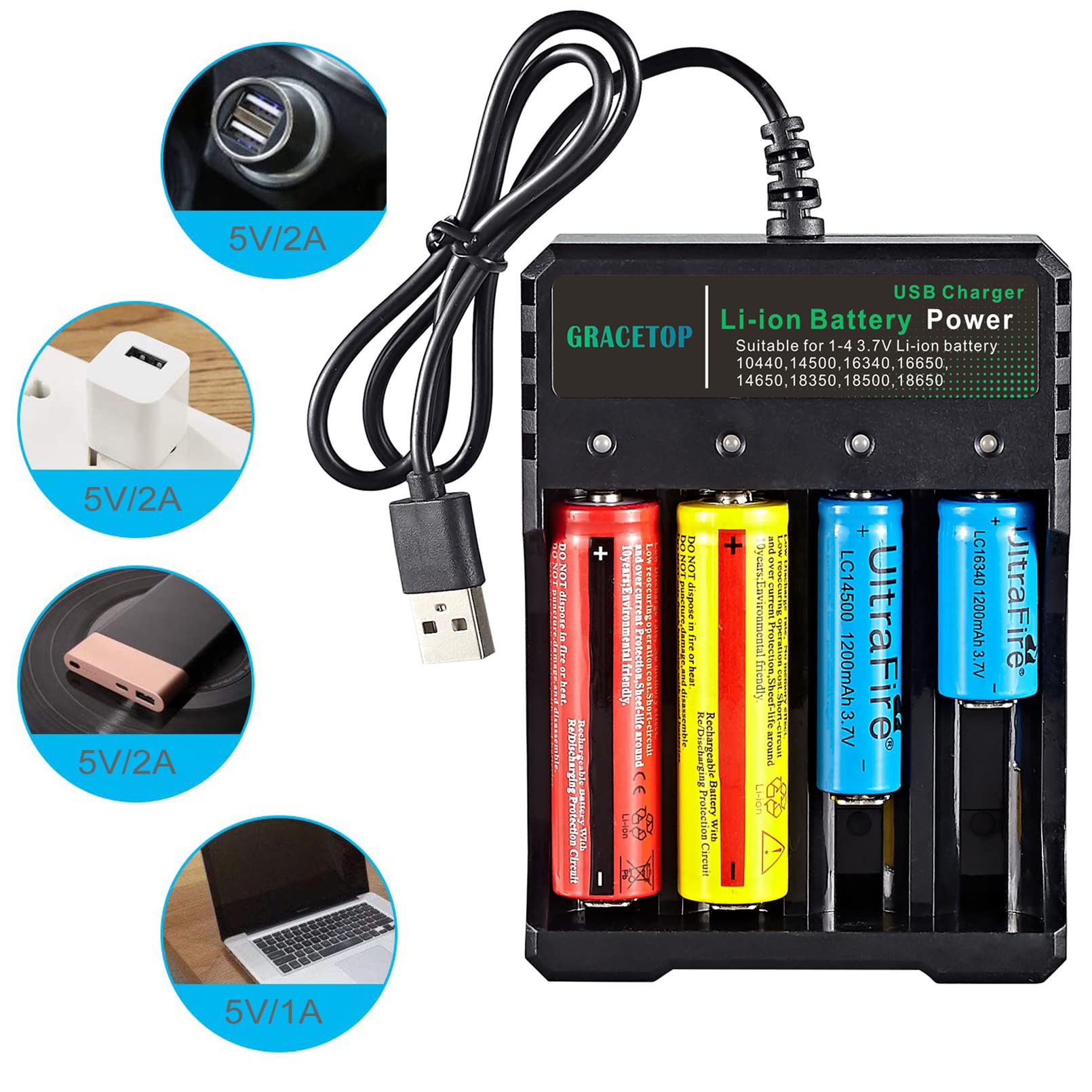 18650 Battery Charger 4-Bay 5V/2A for Rechargeable Batteries 3.7V Li-ion TR IMR 18650 18500 14500 16340(RCR123) Red/Green Display (Not Battery)