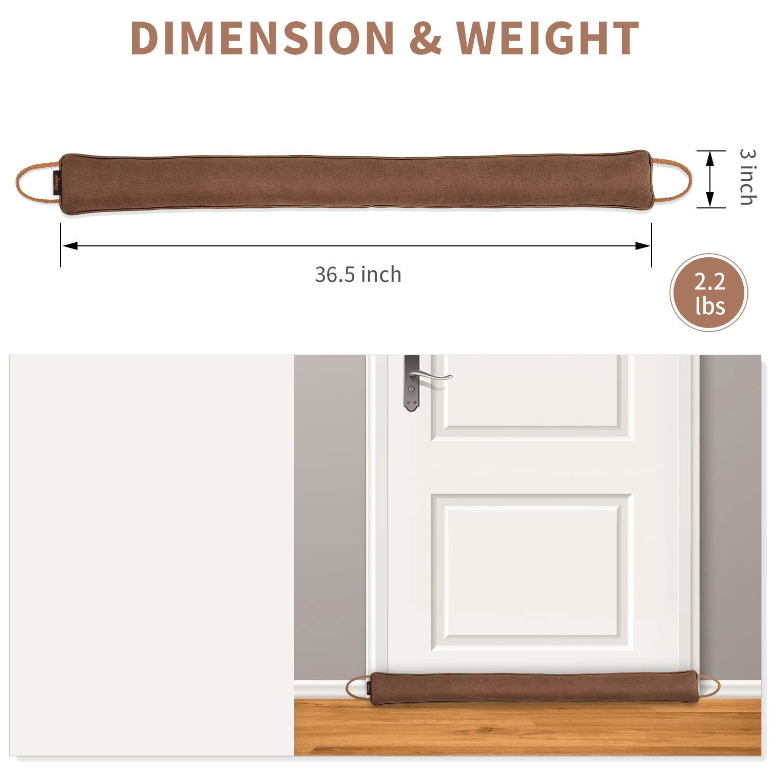 LONAGE Door Draft Stopper, 36.5 in 2.2 lbs Heavy Duty Under Door Draft Blocker with Hook Tape, Sound Proof Draft Guard, Weather Strip for Door, Energy Saving Under Door Guard - Brown