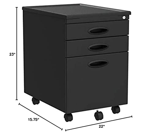 Calico Designs Metal Full Extension, Locking, 3-Drawer Mobile File Cabinet Assembled (Except Casters) for Legal or Letter Files with Supply Organizer Tray in Black