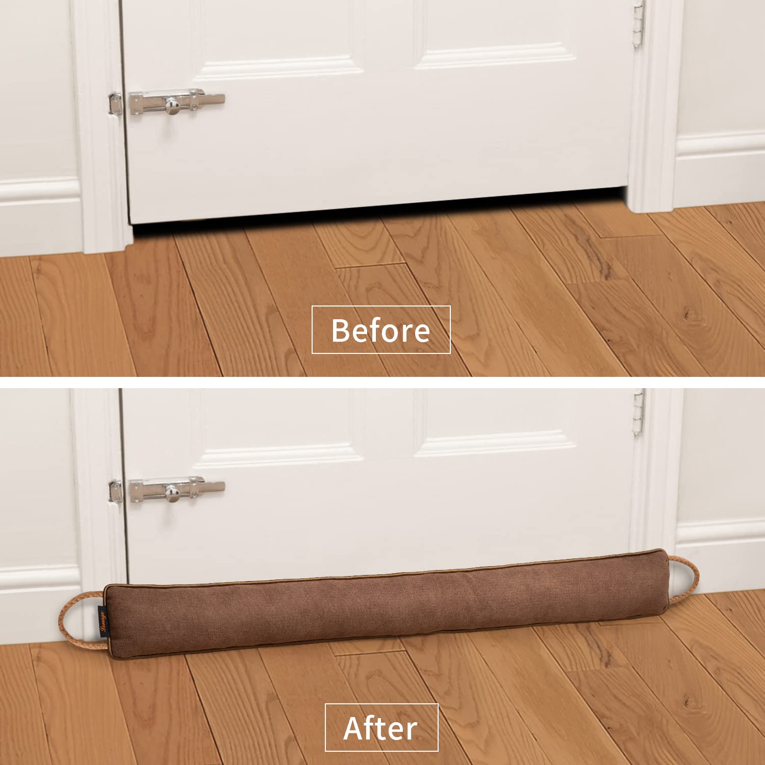 LONAGE Door Draft Stopper, 36.5 in 2.2 lbs Heavy Duty Under Door Draft Blocker with Hook Tape, Sound Proof Draft Guard, Weather Strip for Door, Energy Saving Under Door Guard - Brown