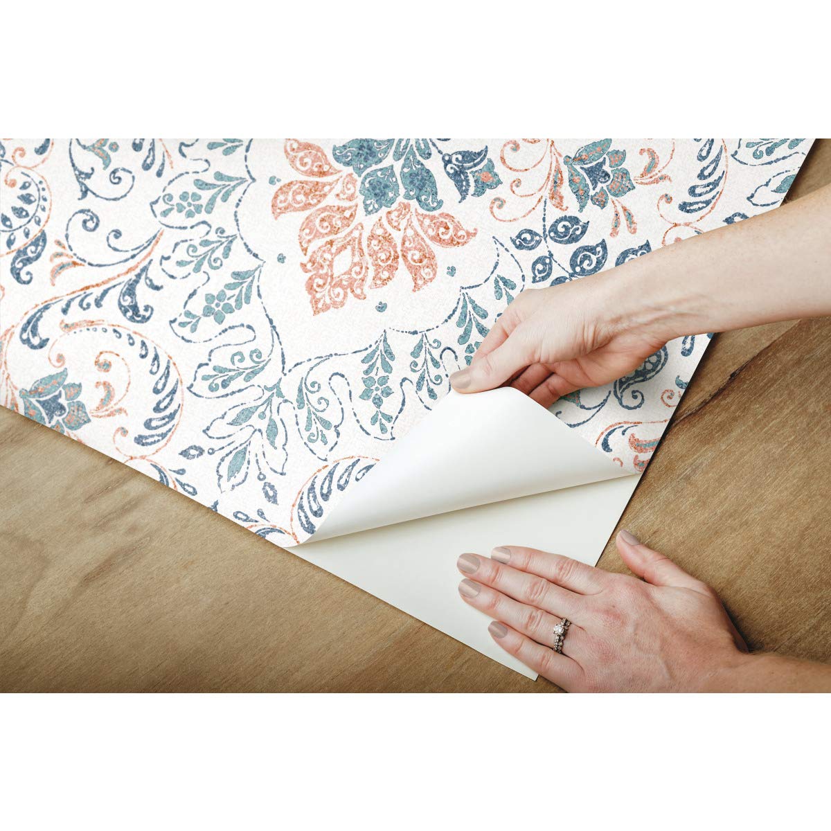 RoomMates RMK11833WP Orange and Blue Persian Damask Peel and Stick Wallpaper