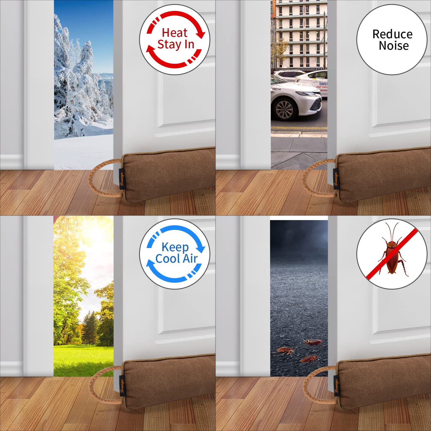 LONAGE Door Draft Stopper, 36.5 in 2.2 lbs Heavy Duty Under Door Draft Blocker with Hook Tape, Sound Proof Draft Guard, Weather Strip for Door, Energy Saving Under Door Guard - Brown
