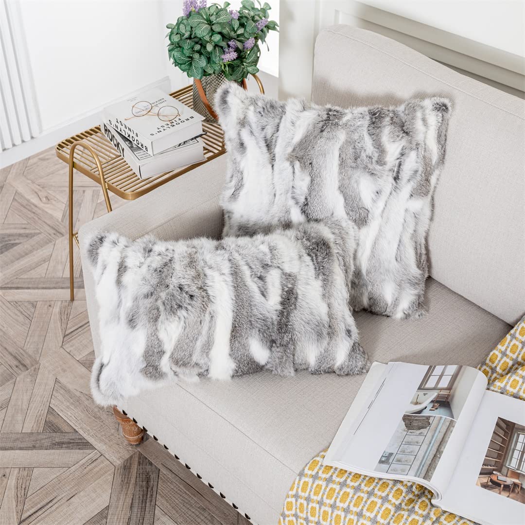 yingda1992 Real Rabbit Fur Pillow Case Cushion Cover Rabbit Fur Throw Decorative Animal Skin Pillowcase Home Living Room (Grey, 30×50cm(12in×20in))