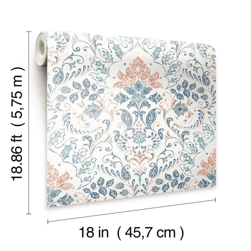 RoomMates RMK11833WP Orange and Blue Persian Damask Peel and Stick Wallpaper