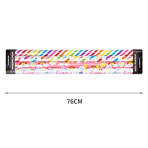 WRAPAHOLIC Birthday Wrapping Paper Roll - Rainbow Pony with Cut Lines for baby shower - 4 Rolls - 30 inch X 120 inch Per Roll