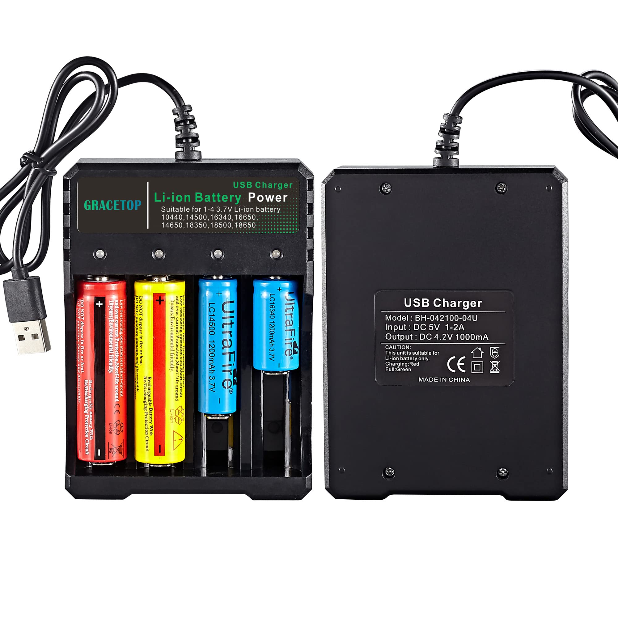 18650 Battery Charger 4-Bay 5V/2A for Rechargeable Batteries 3.7V Li-ion TR IMR 18650 18500 14500 16340(RCR123) Red/Green Display (Not Battery)