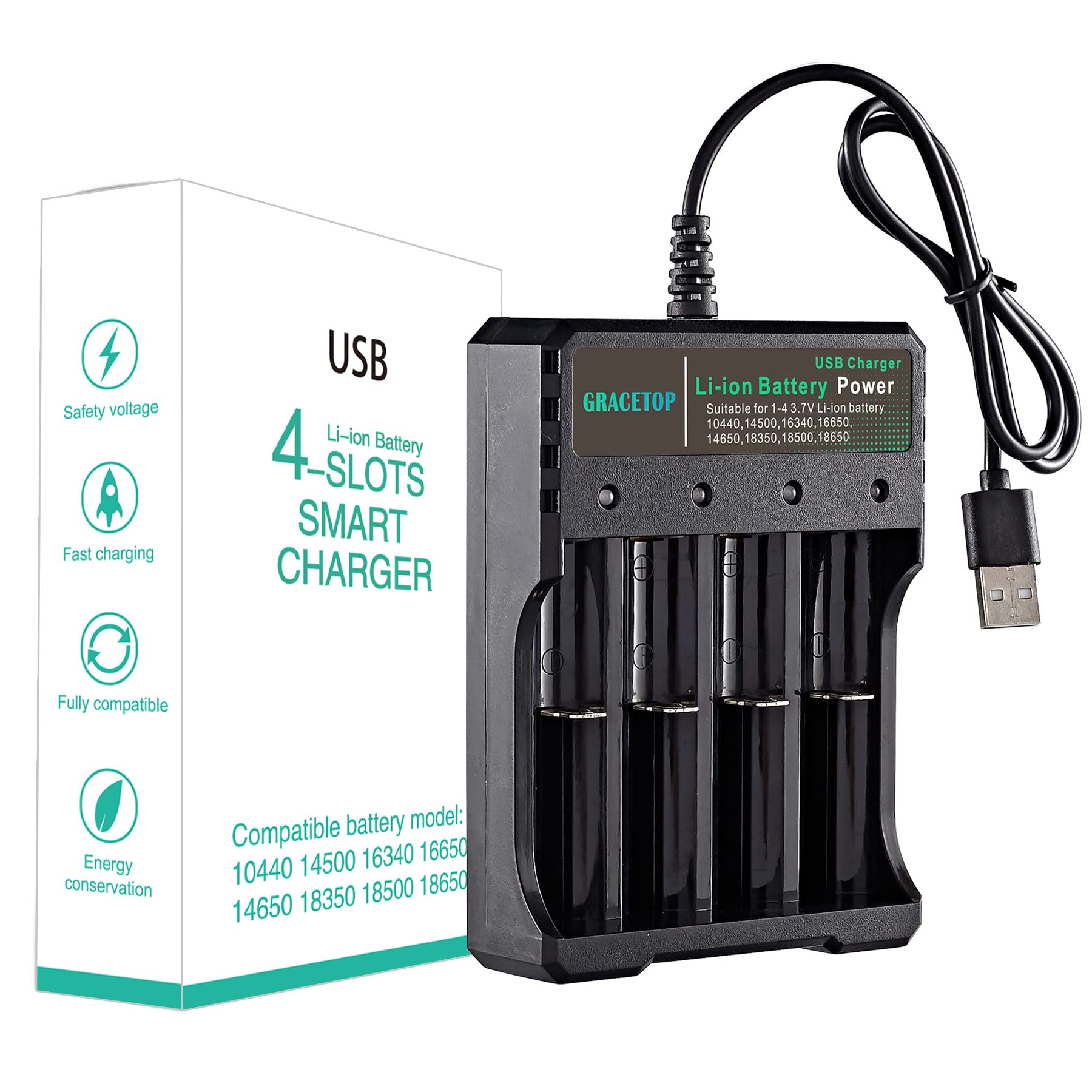 18650 Battery Charger 4-Bay 5V/2A for Rechargeable Batteries 3.7V Li-ion TR IMR 18650 18500 14500 16340(RCR123) Red/Green Display (Not Battery)