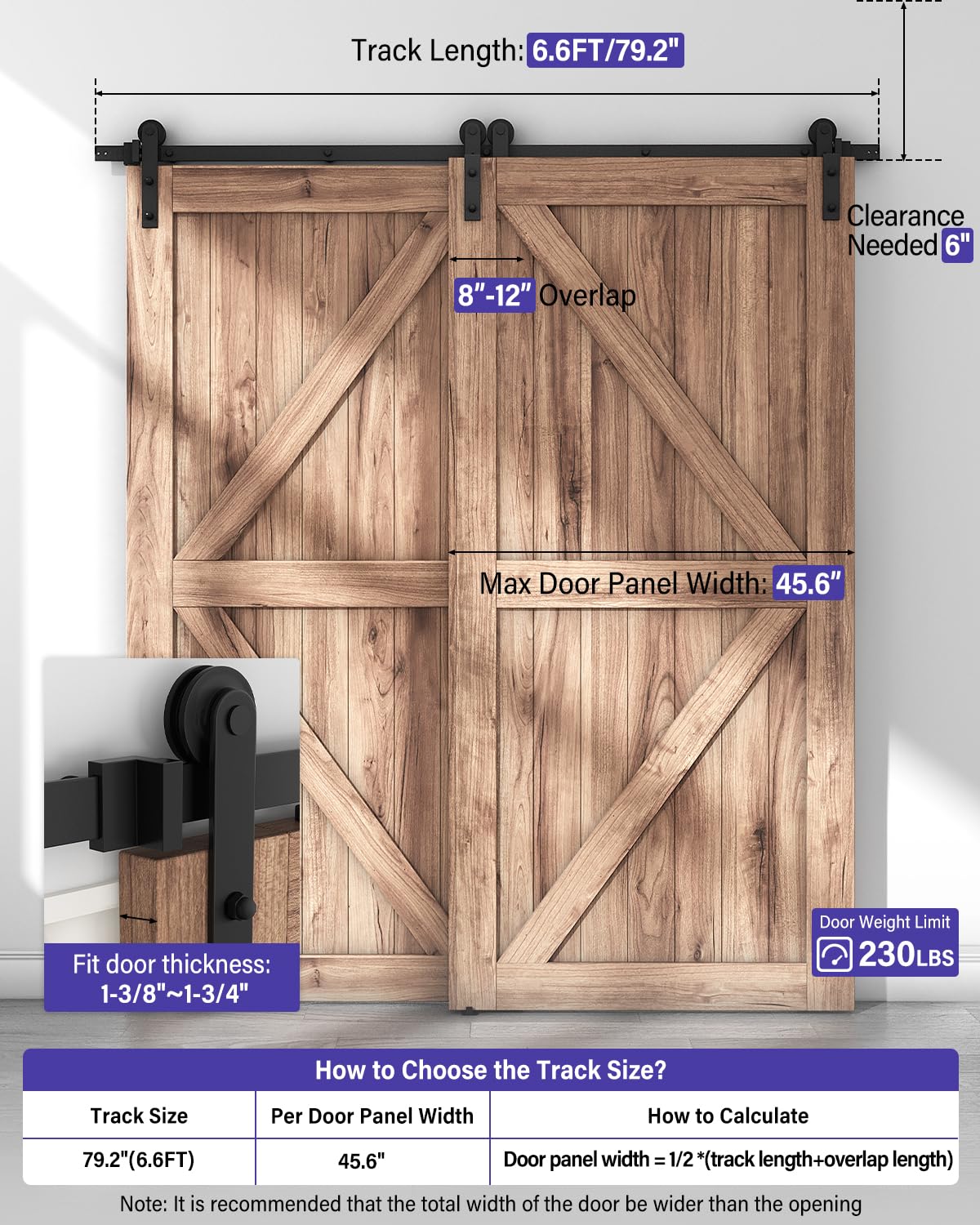 ZEKOO 6.6FT Single Track Bypass Sliding Barn Door Hardware Kit for Double Doors, Bypass Barn Door Track Kit, Low Ceiling, Smoothly Quietly, Easy to Install