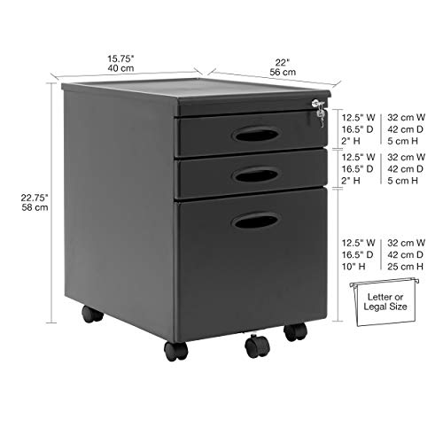 Calico Designs Metal Full Extension, Locking, 3-Drawer Mobile File Cabinet Assembled (Except Casters) for Legal or Letter Files with Supply Organizer Tray in Black