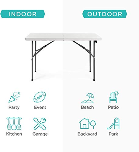 New Home Era Folding Table - Foldable Heavy Duty Plastic Table for Indoor & Outdoor Parties, Picnic, Camping, Wedding, BBQ Catering, Garden Dining - Fold-in-Half Portable Utility Table - White - 4ft