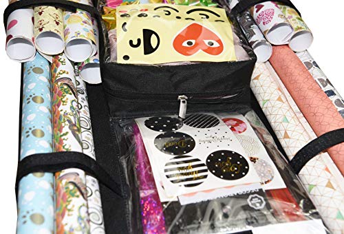 Freegrace Double Sided Hanging Gift Wrap Organizer | Large 16" x 41" Wrapping Paper Rolls Storage Bag | Tearproof & Space Saving Closet Gift Bag Organization Solution (Black)