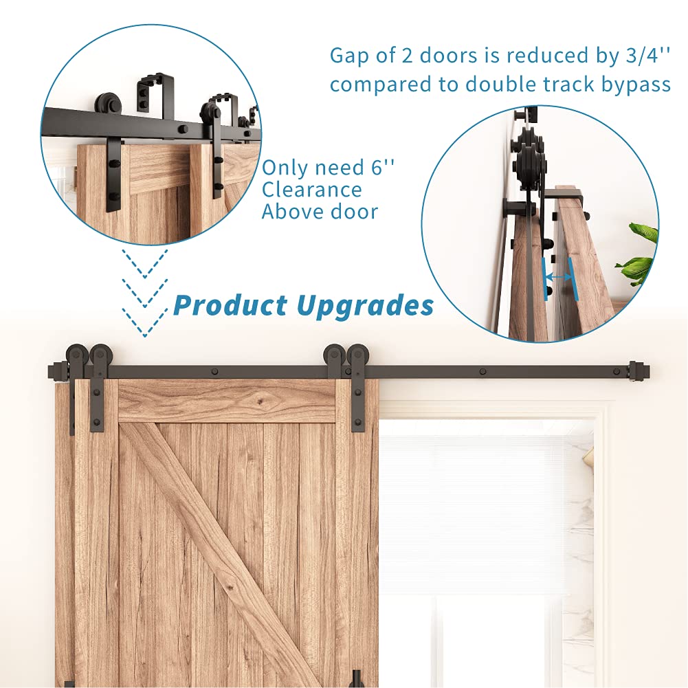 ZEKOO 6.6FT Single Track Bypass Sliding Barn Door Hardware Kit for Double Doors, Bypass Barn Door Track Kit, Low Ceiling, Smoothly Quietly, Easy to Install