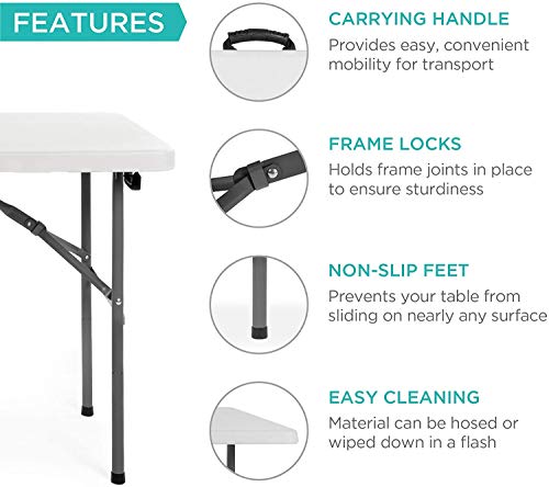 New Home Era Folding Table - Foldable Heavy Duty Plastic Table for Indoor & Outdoor Parties, Picnic, Camping, Wedding, BBQ Catering, Garden Dining - Fold-in-Half Portable Utility Table - White - 4ft