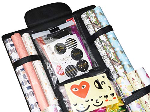 Freegrace Double Sided Hanging Gift Wrap Organizer | Large 16" x 41" Wrapping Paper Rolls Storage Bag | Tearproof & Space Saving Closet Gift Bag Organization Solution (Black)