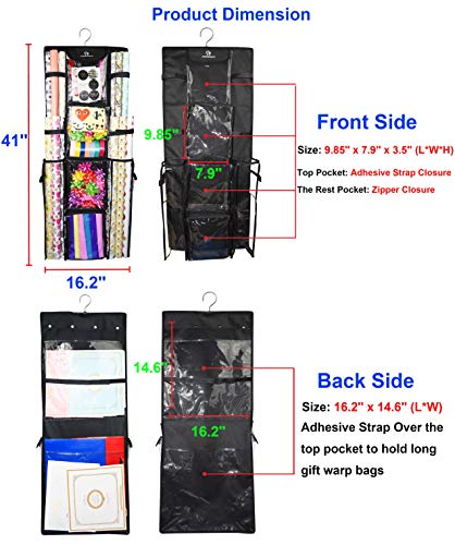 Freegrace Double Sided Hanging Gift Wrap Organizer | Large 16" x 41" Wrapping Paper Rolls Storage Bag | Tearproof & Space Saving Closet Gift Bag Organization Solution (Black)