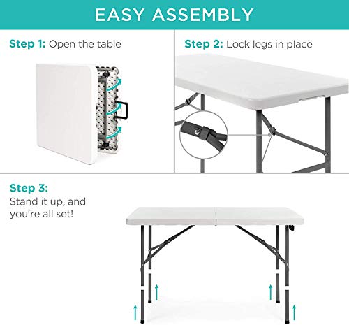 New Home Era Folding Table - Foldable Heavy Duty Plastic Table for Indoor & Outdoor Parties, Picnic, Camping, Wedding, BBQ Catering, Garden Dining - Fold-in-Half Portable Utility Table - White - 4ft