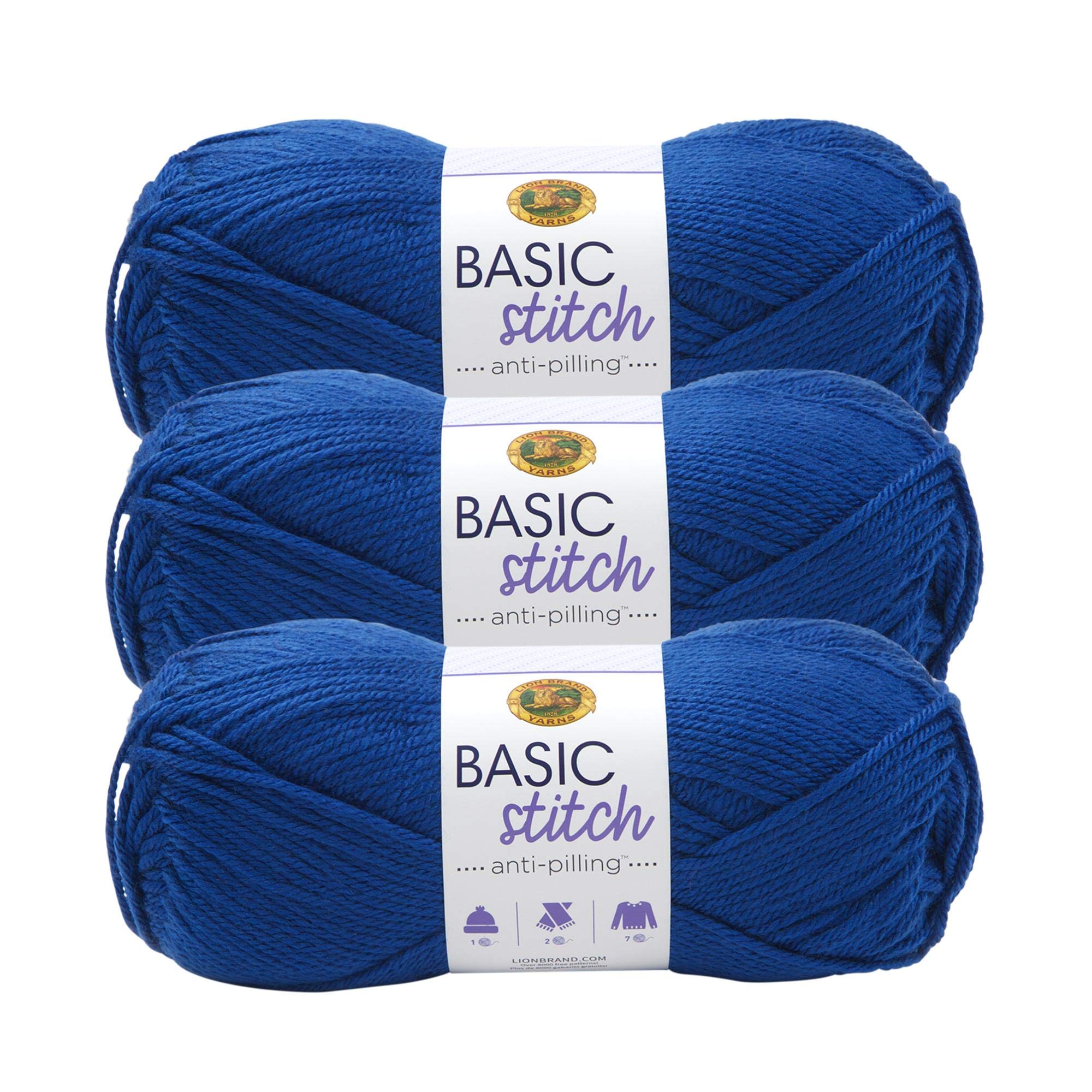 Lion Brand Yarn Basic Stitch Anti-Pilling Knitting Yarn, Yarn for Crocheting, 3-Pack, Royal Blue