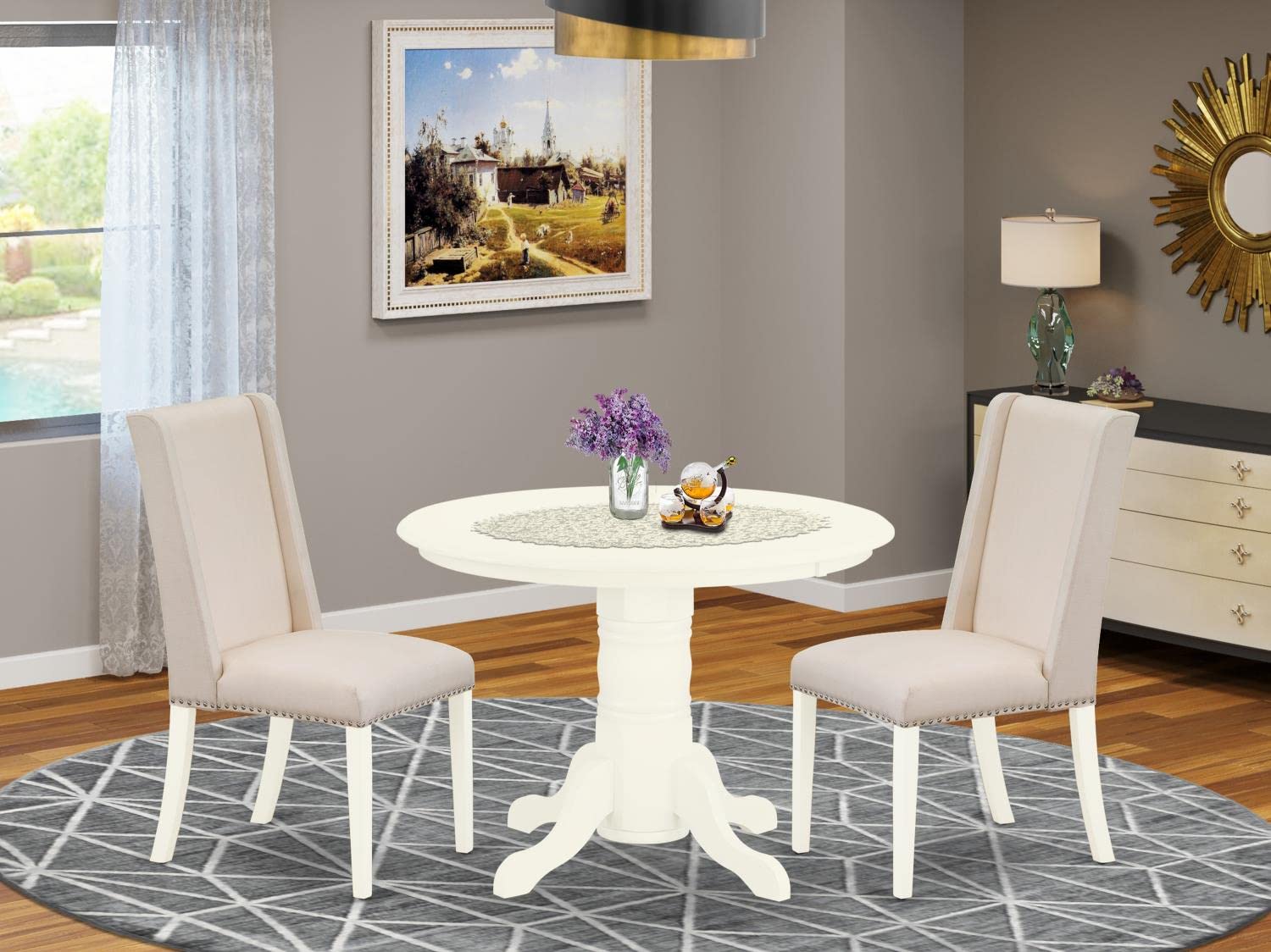 East West Furniture SHFL3-WHI-01 3 Piece Dining Room Table Set Contains a Round Kitchen Table with Pedestal and 2 Cream Linen Fabric Parson Dining Chairs, 42x42 Inch, Linen White