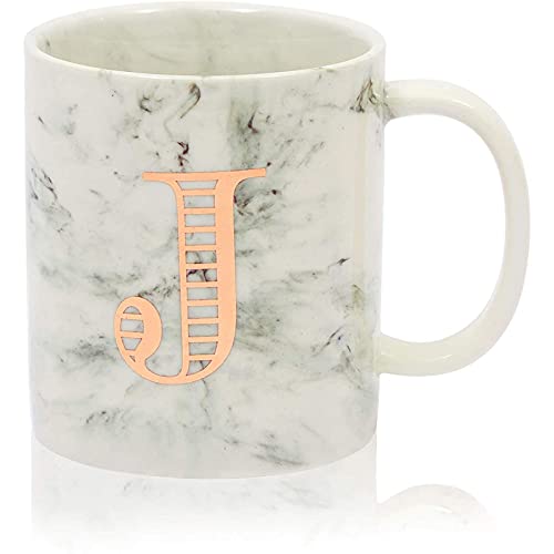 Farmlyn Creek Rose Gold Letter J Monogram Mug, White Marble Ceramic Coffee Cup (11 oz)