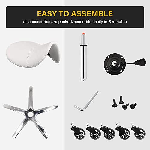 WKWKER Heavy Duty Saddle Rolling Stool with Wheels Hydraulic Swivel Adjustable Rolling Stool Ergonomic Thick Leather Seat Stool Chair for Kitchen Drafting Lab Office Salon Message Stool β White