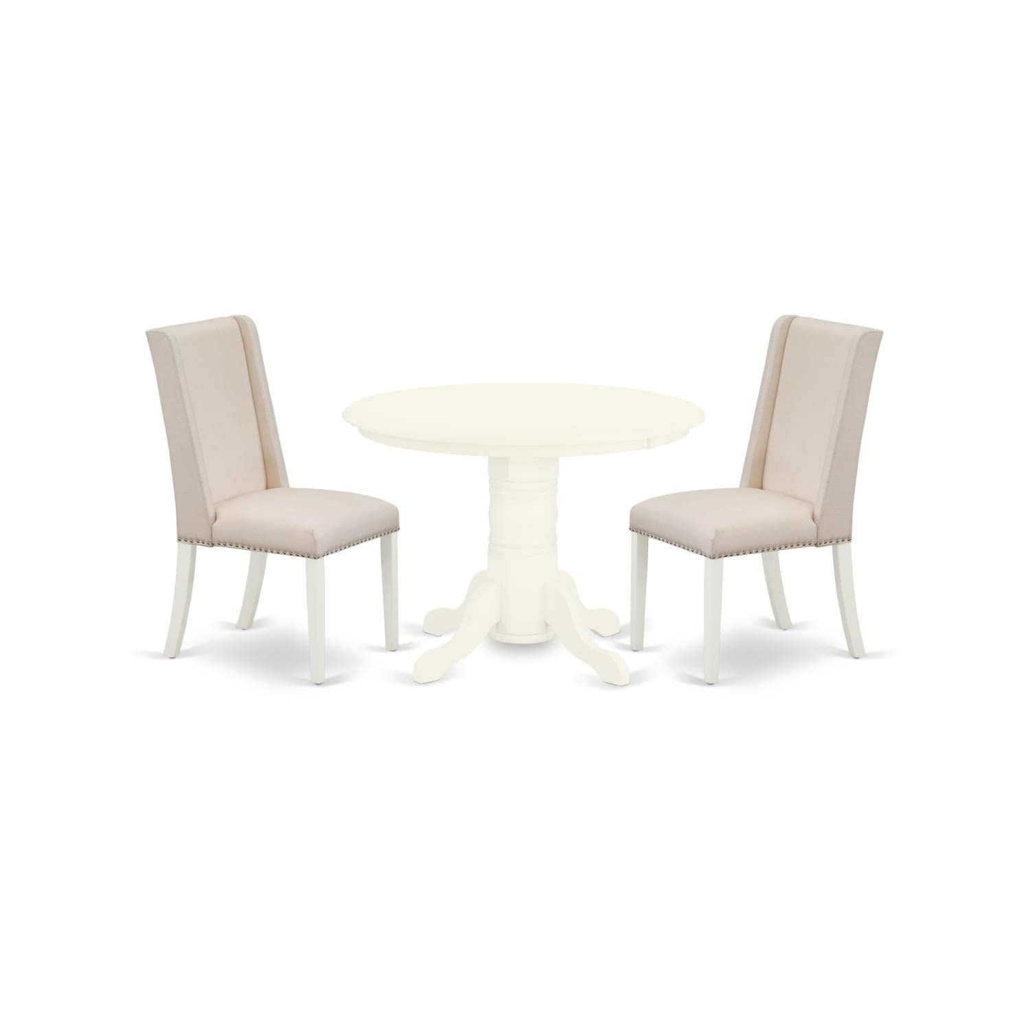 East West Furniture SHFL3-WHI-01 3 Piece Dining Room Table Set Contains a Round Kitchen Table with Pedestal and 2 Cream Linen Fabric Parson Dining Chairs, 42x42 Inch, Linen White