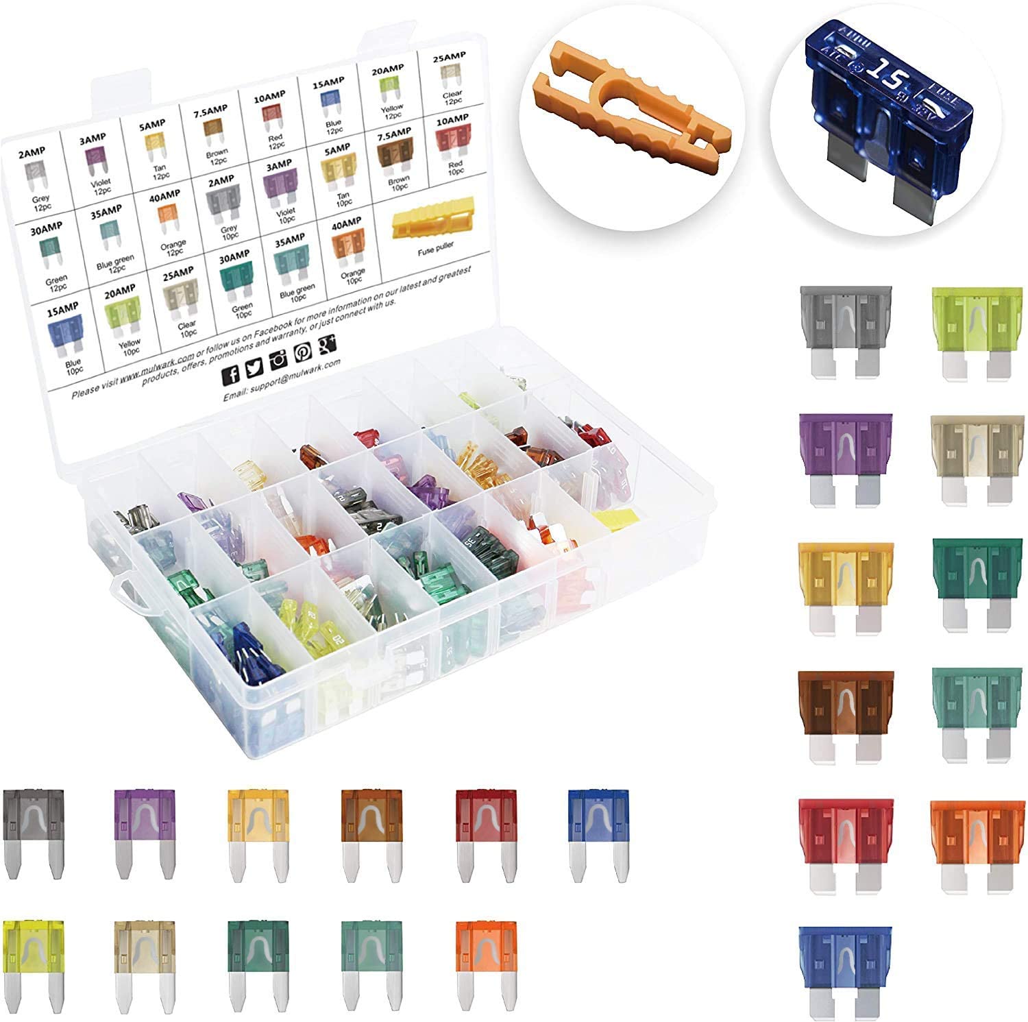 [UL Listed] MulWark 242pc ClearMark Assorted Standard Auto Car Truck Blade Fuses Set- 2A 3A 5A 7.5A 10A 15A 20A 25A 30A 35A 40A -ATC/ATO+ATM Mini-Automotive-Blade-Fuse Assortment Kit w/A Puller