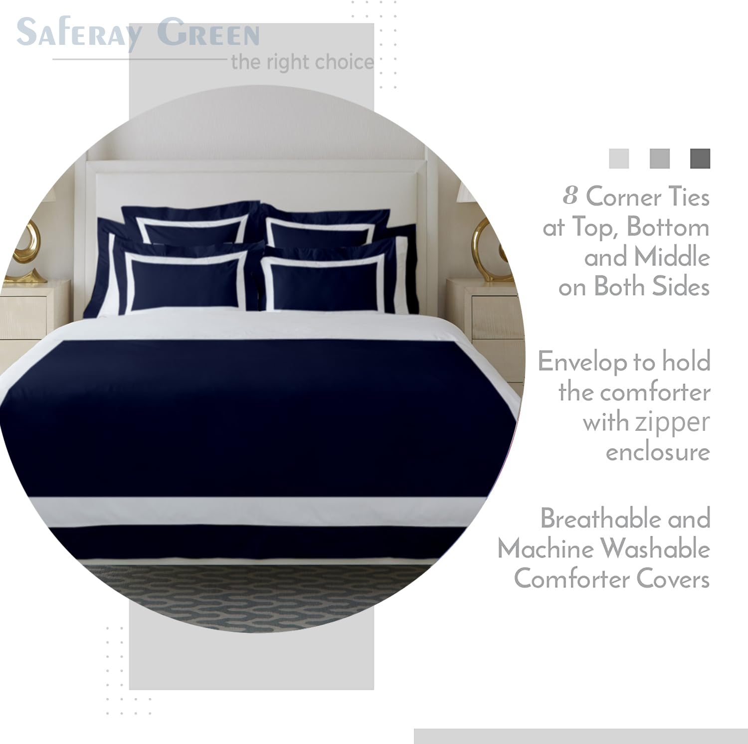Saferay Green Hotel Luxury 3pc Two Tone Duvet Cover Set-850 Thread Count 100% Organic Cotton Premium Bedding Collection Queen Size 90 x 90 Inches Machine Washable (White & Navy Blue)