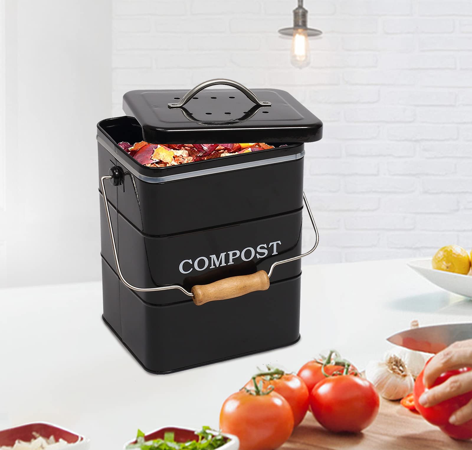 Compost Bin Kitchen Countertop Indoor Compost Pail Bucket, Great for Food Scraps, Carbon Steel, Handles, Black, 1 Gallon - Includes Charcoal Filter