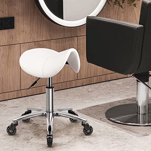 WKWKER Heavy Duty Saddle Rolling Stool with Wheels Hydraulic Swivel Adjustable Rolling Stool Ergonomic Thick Leather Seat Stool Chair for Kitchen Drafting Lab Office Salon Message Stool β White