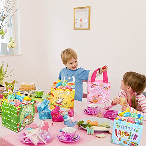 AOKE 8PCS Easter Gift Bags, Easter Reusable Non-Woven Bags with Handle, Easter Bunny Tote Bags Candy Egg Hunt Bags for Easter Party Favors, 4 Colors