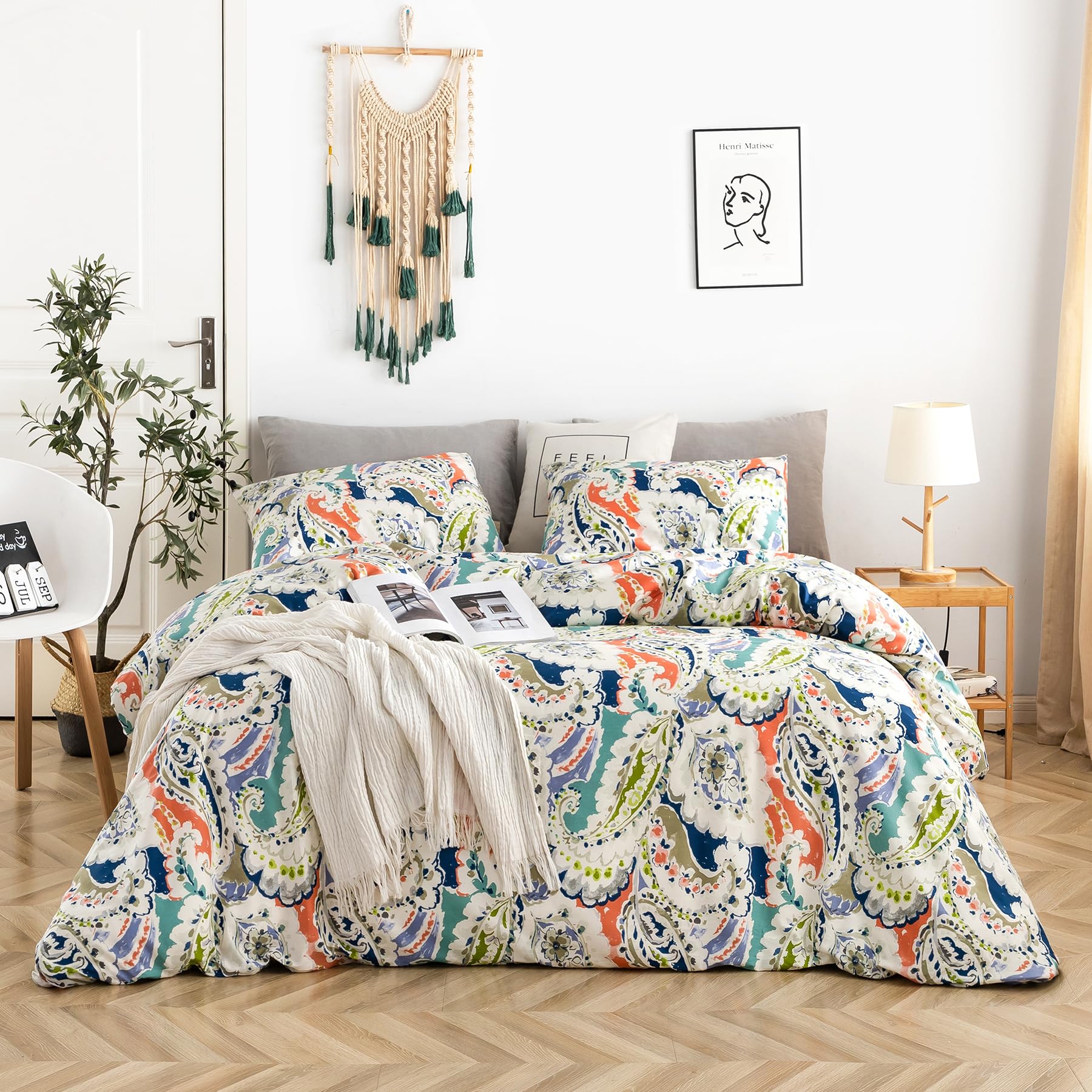 YuHeGuoJi Bohemian Paisley Duvet Cover King 100% Cotton Colorful Boho Floral Duvet Cover 3 Pcs Set 1 Blue Orange Damask Duvet Cover with Zipper Ties 2 Pillowcase Southwestern Vintage Bedding