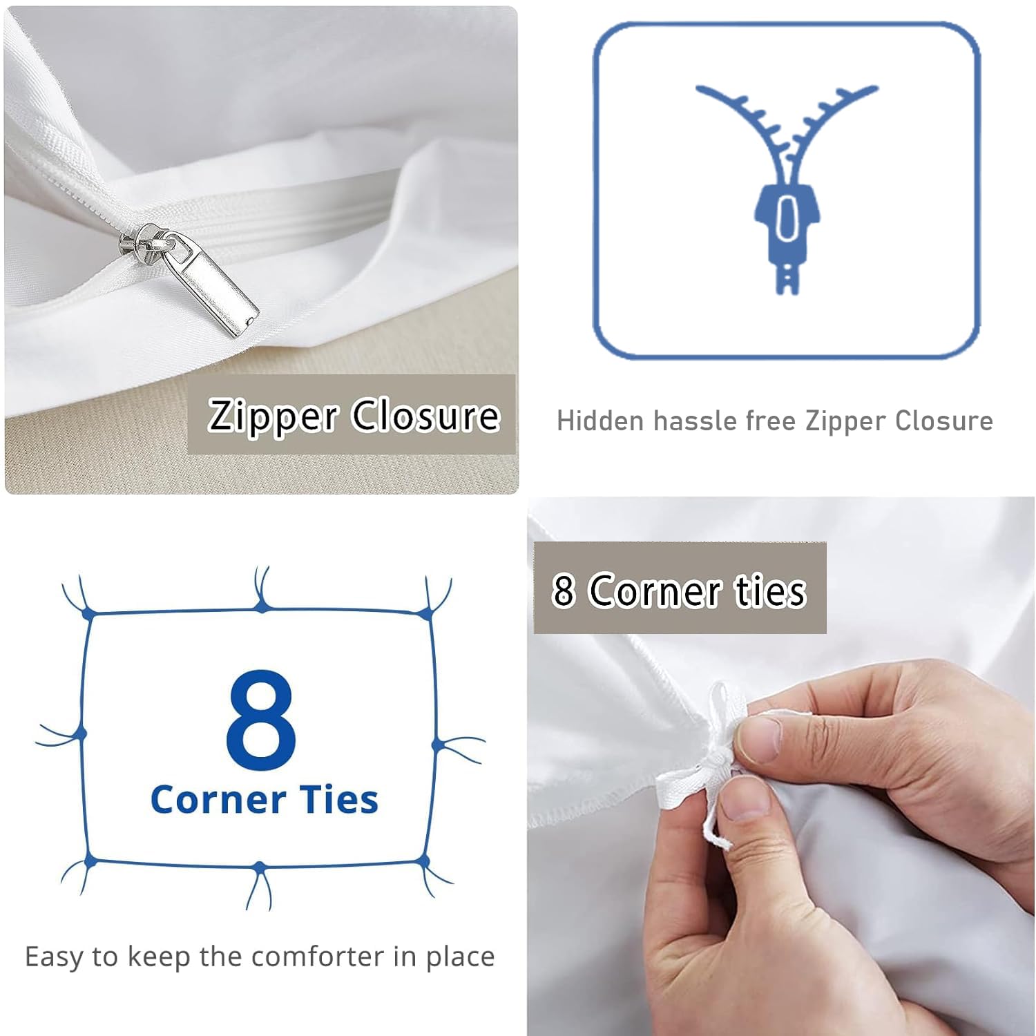 Saferay Green Hotel Luxury 3pc Two Tone Duvet Cover Set-850 Thread Count 100% Organic Cotton Premium Bedding Collection Queen Size 90 x 90 Inches Machine Washable (White & Navy Blue)