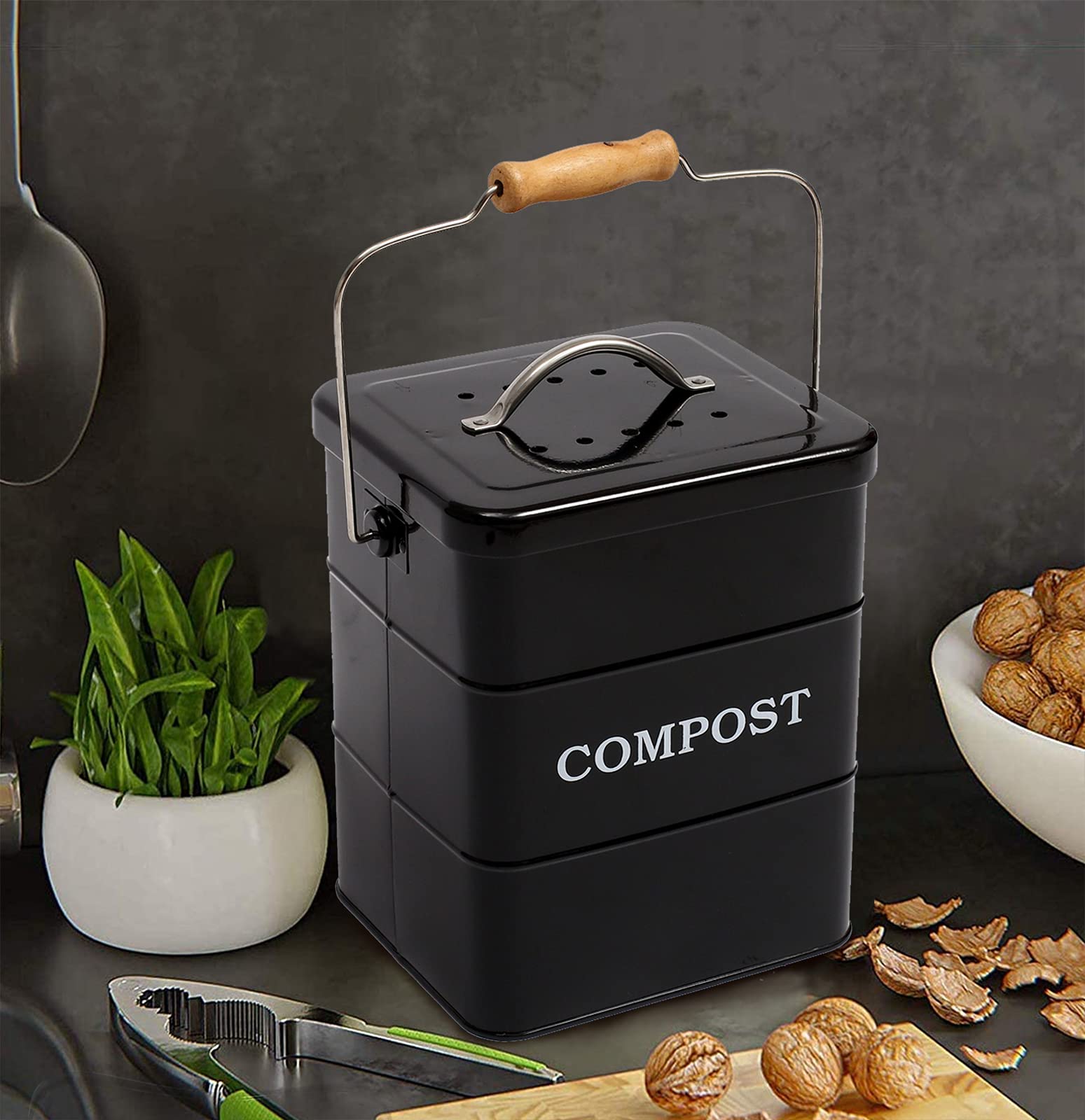 Compost Bin Kitchen Countertop Indoor Compost Pail Bucket, Great for Food Scraps, Carbon Steel, Handles, Black, 1 Gallon - Includes Charcoal Filter