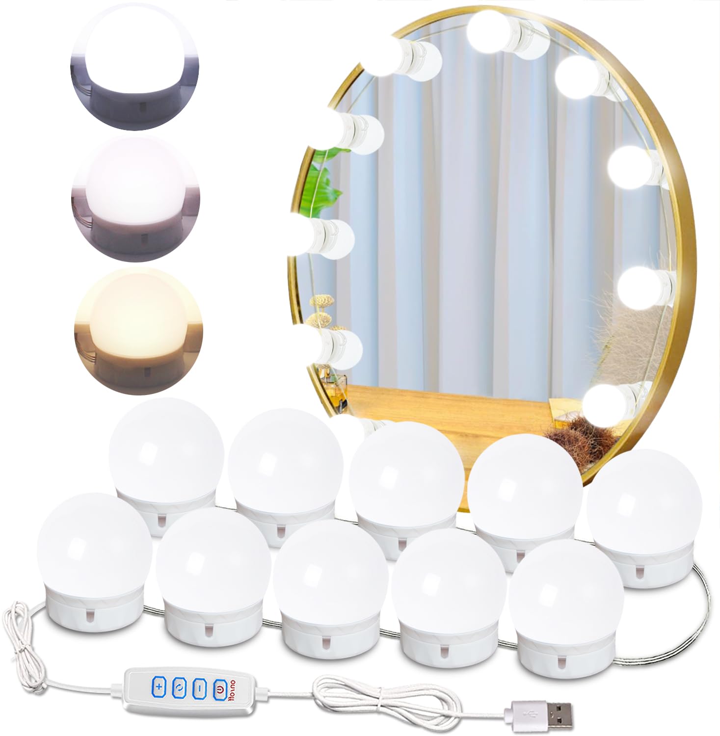 HELOIE Led Vanity Mirror Lights,15 Ft Vanity Lights for Makeup Dressing Mirror Lighting,10 Dimmable Bulbs,Adjustable Light Color & Brightness,USB Cable,Mirror not Included