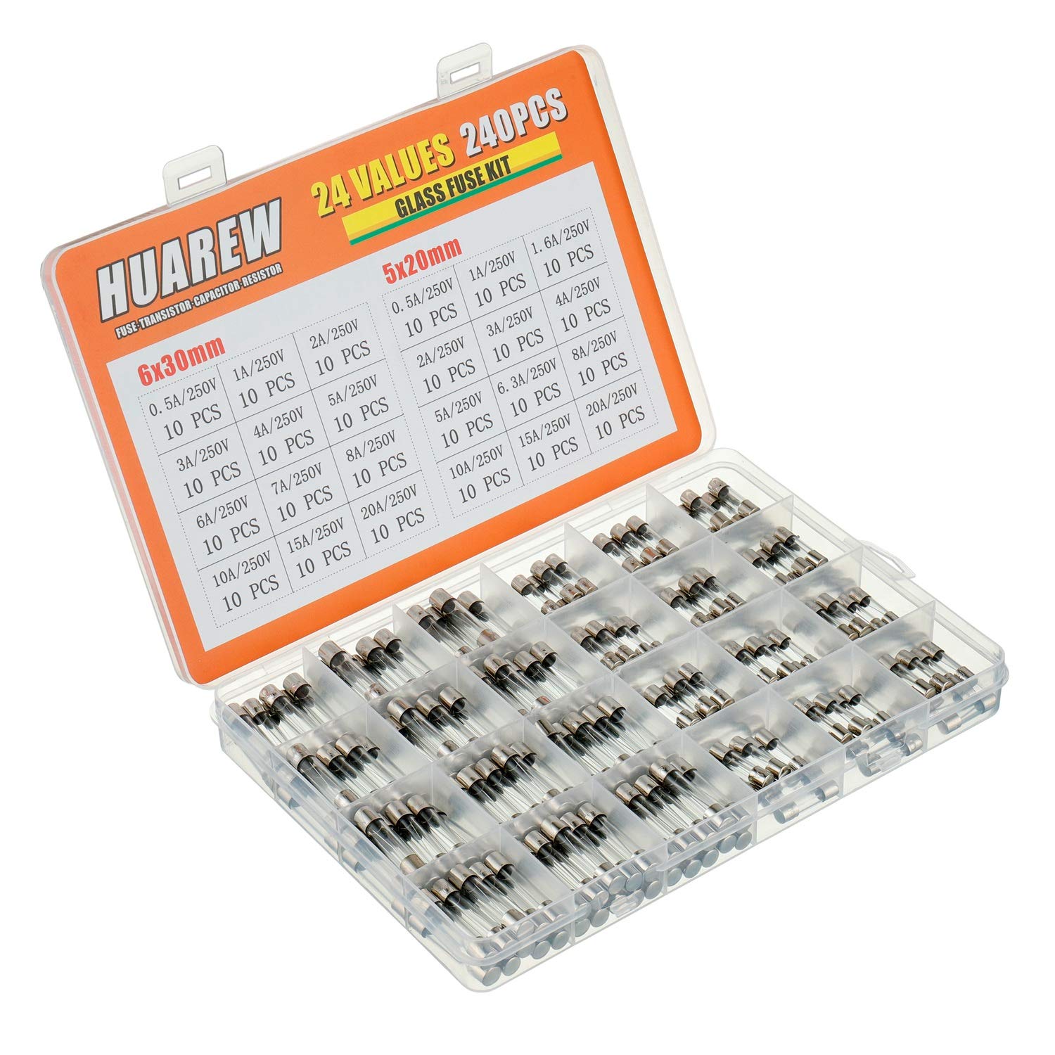 HUAREW 24 Values 240 Pcs Fast Blow Glass Fuses 250 V Volt 5x20 mm 0.5 1 1.6 2 3 4 5 6.3 8 10 15 20 A 6x30 mm 0.5 1 2 3 4 5 6 7 8 10 15 20 A amp Assortment Kit
