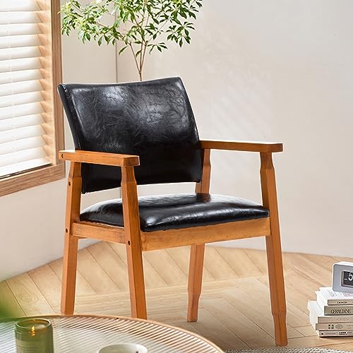 DAGONHIL Modern Walnut Dining Arm Chair Accent Chair Armrests Wooden Chair with Leather Cushion Backrest for Kitchen Dining Room(Pack 1)