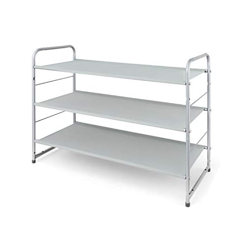 Simple Trending 3-Tier Stackable Shoe Rack, Expandable & Adjustable Fabric Shoe Shelf Storage Organizer,Silver