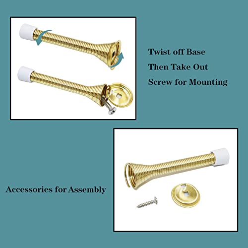 GLOBIZ 15 Pack Spring Door Stops Bright Brass 3-1/3”Heavy Duty Door Stops with Flexible Rustproof Spring Steel Wire and Durable Rubber Bumper Tips Noise Absorption Protect Door and Knob