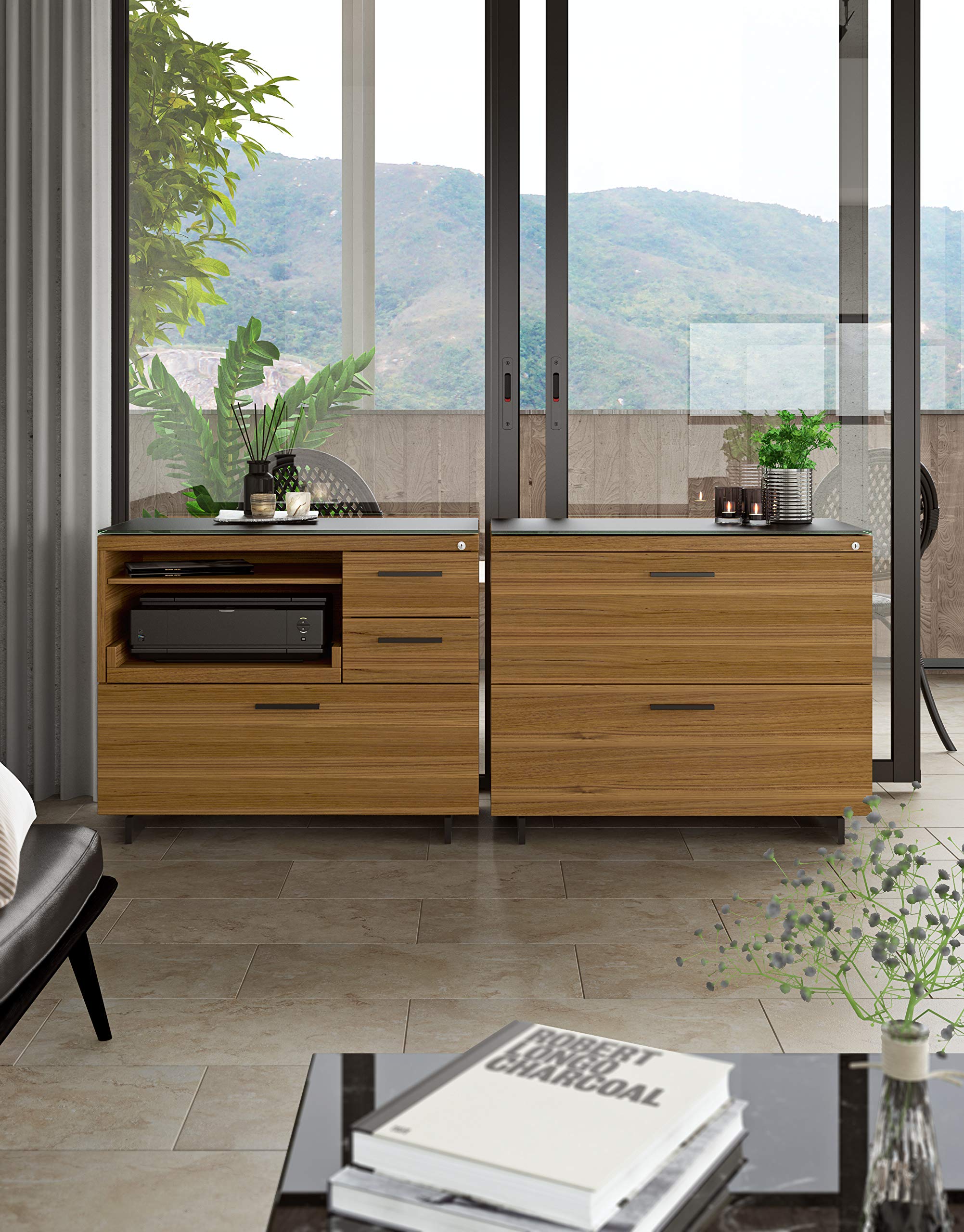 BDI Furniture Sequel 20 6116-35'' Locking Lateral 2-Drawer File Cabinet for Home or Office with Letter or Legal-Sized File Drawer, Satin-Etched Tempered Glass Top, Natural Walnut