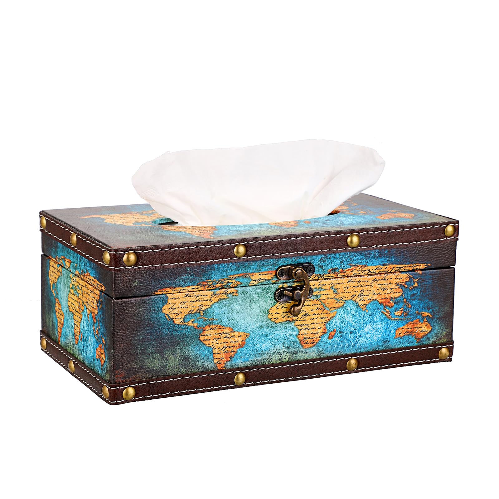 Sumnacon Tissue Box Cover Rectangle Wooden Tissue Box with Lid, Vintage Tissue Box Holder with Retro Pattern, Rustic Tissue Cover for Bathroom Toilet Living Room Table Desk Office Decor,Green Map