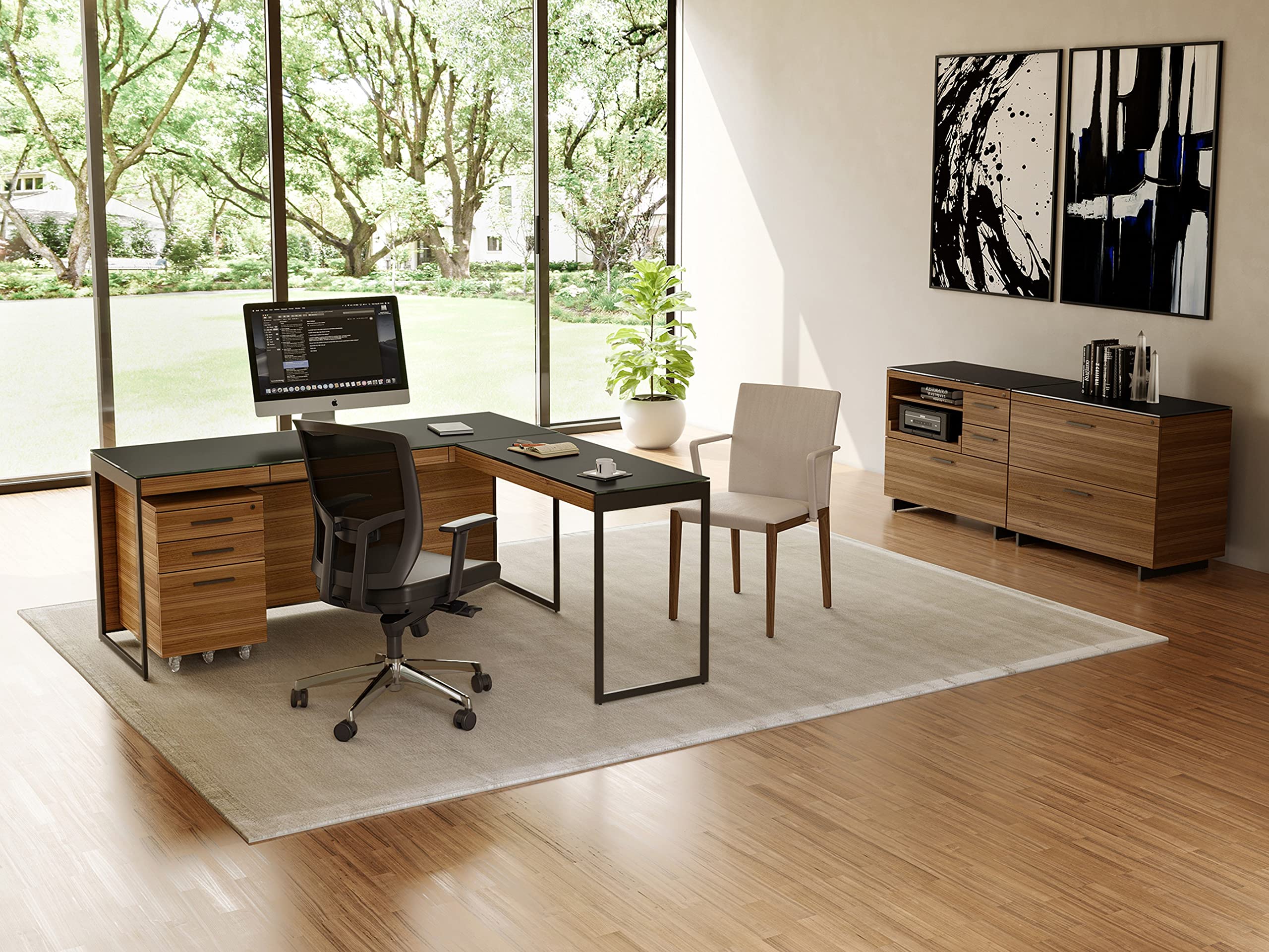 BDI Furniture Sequel 20 6116-35'' Locking Lateral 2-Drawer File Cabinet for Home or Office with Letter or Legal-Sized File Drawer, Satin-Etched Tempered Glass Top, Natural Walnut