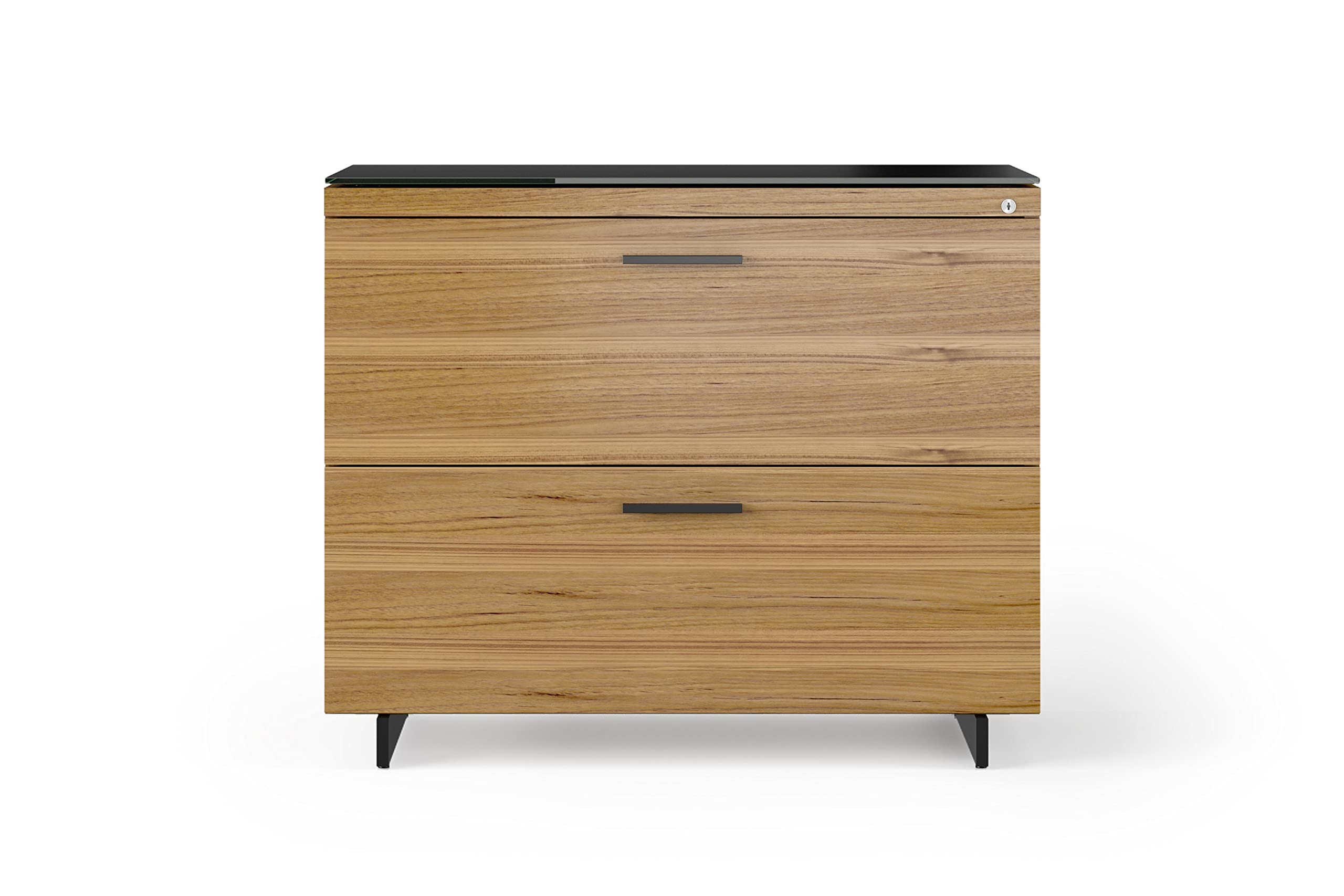 BDI Furniture Sequel 20 6116-35'' Locking Lateral 2-Drawer File Cabinet for Home or Office with Letter or Legal-Sized File Drawer, Satin-Etched Tempered Glass Top, Natural Walnut
