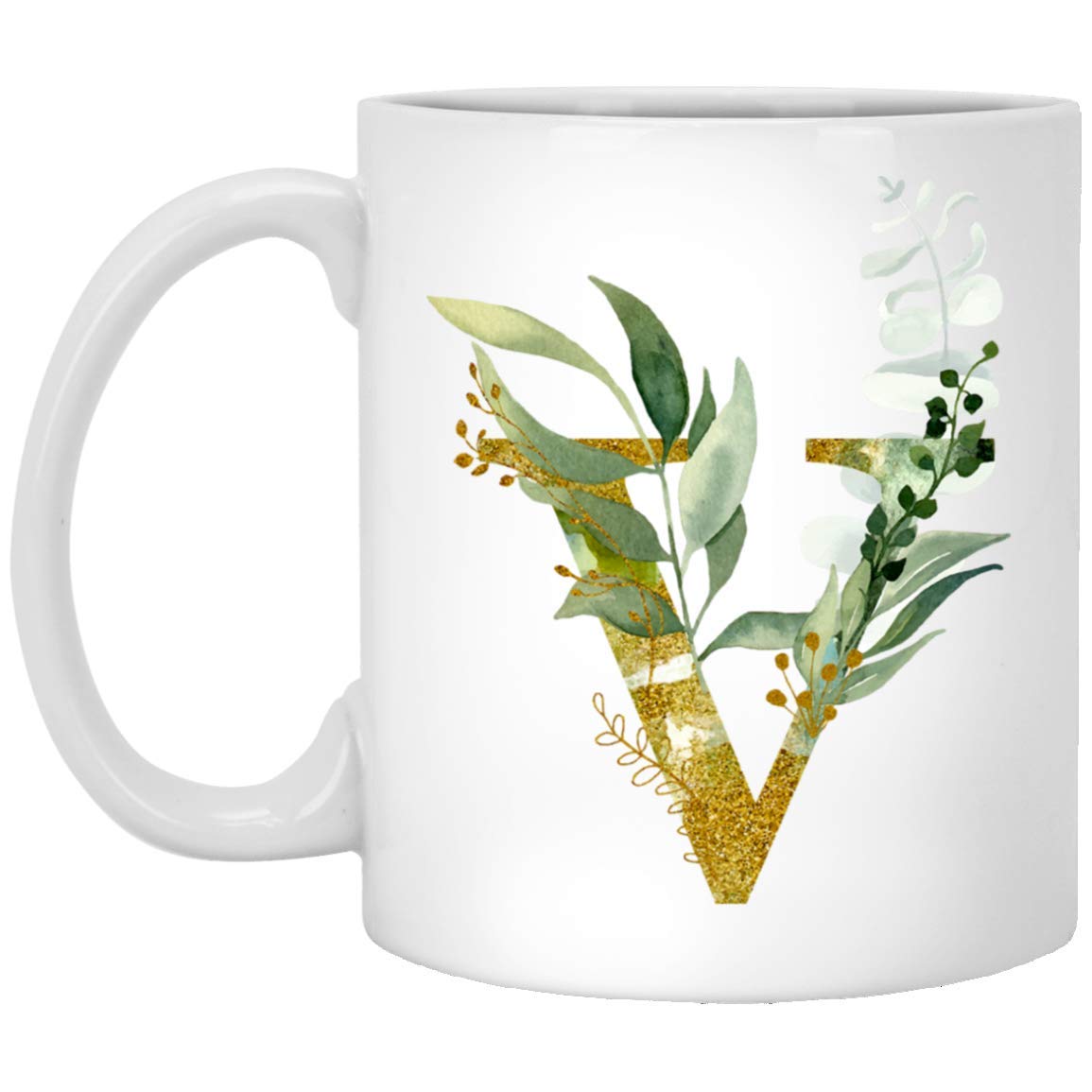 Alpha/V Graphic Letter V Coffee Mug - Alphabet Letter Monogram V - Gold Shimmer Any Letter Floral Alphabet Tea Coffee Hot Chocolate Cup For Her Birthday Christmas Mothers Day Coffee Mug 11oz