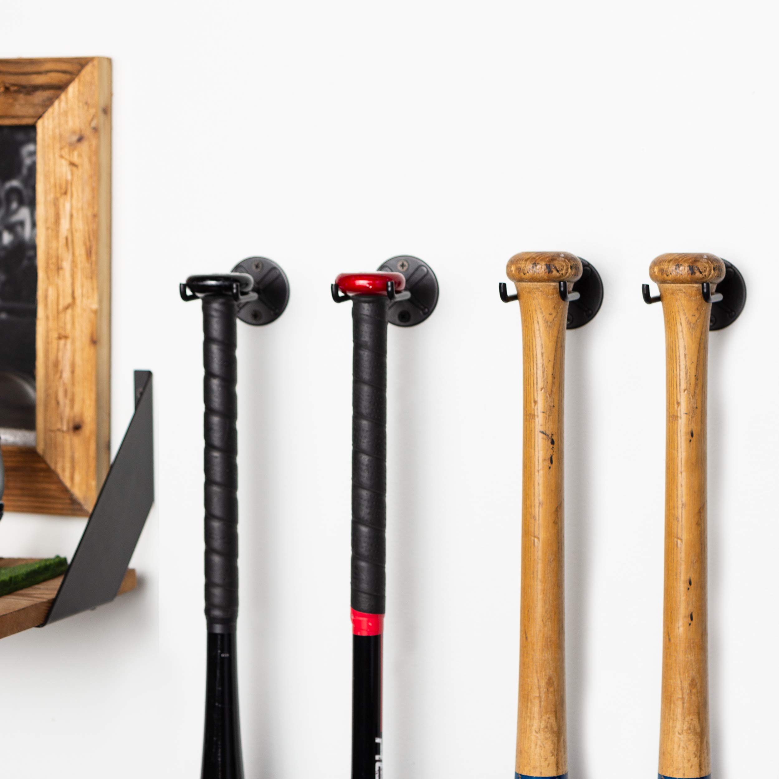 Wallniture Sporta Baseball Holder, Baseball Bat Wall Mount Display Stand for Man Cave Decor, Sports Memorabilia Ball Storage Rack Set of 2 Black