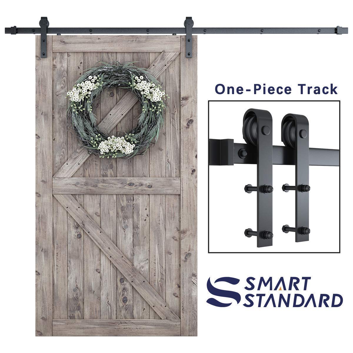 8ft Heavy Duty Sliding Barn Door Hardware Kit(J Shape) + Barn Door Bottom Adjustable Floor Guide Roller + 12" Pull and Flush Barn Door Handle + Barn Door Large Size Latch Lock