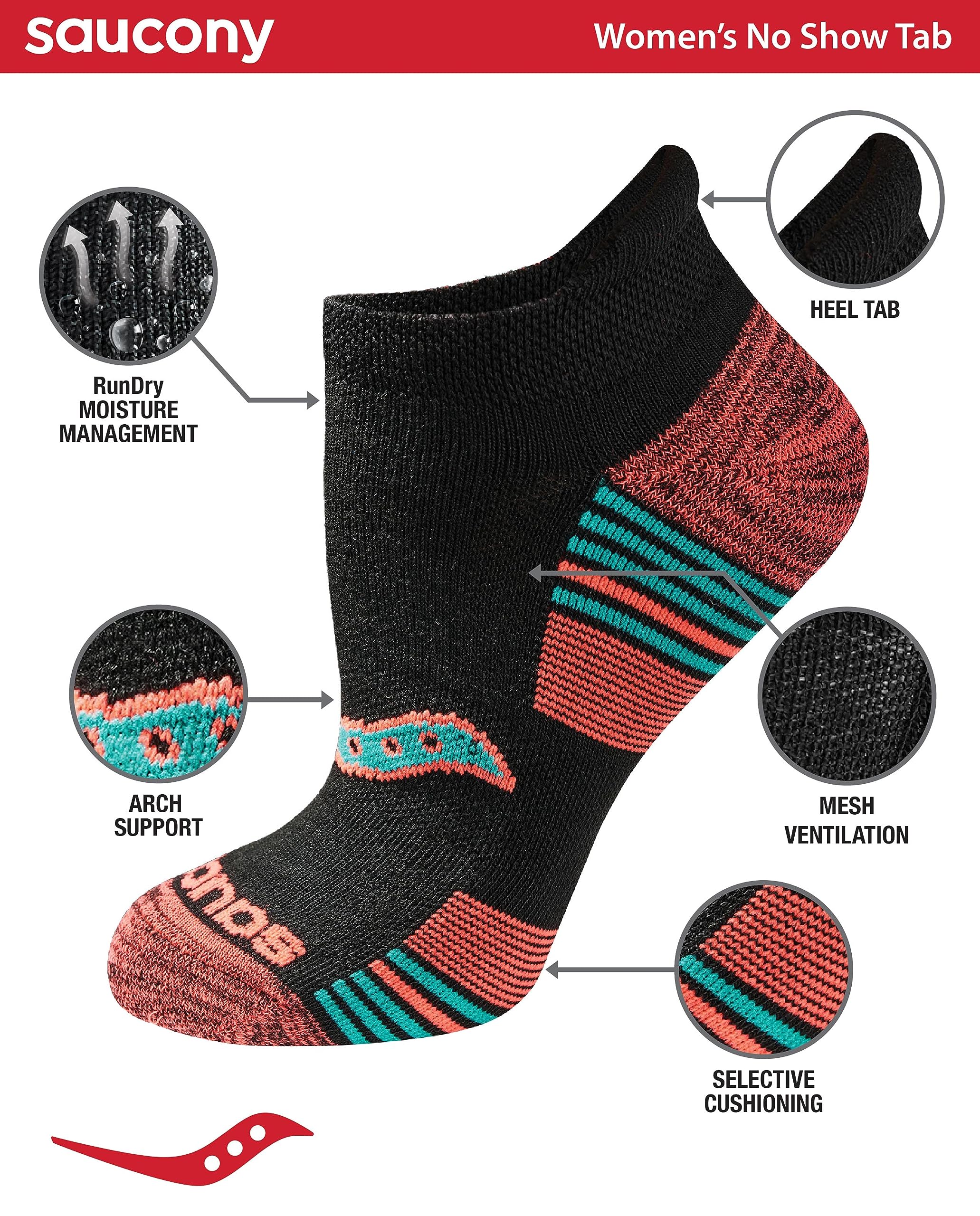 Saucony Women's RunDry Performance Heel Tab Athletic Socks, Available in S-L (8, 16, 24, Assorted Darks (8 Pairs), Large