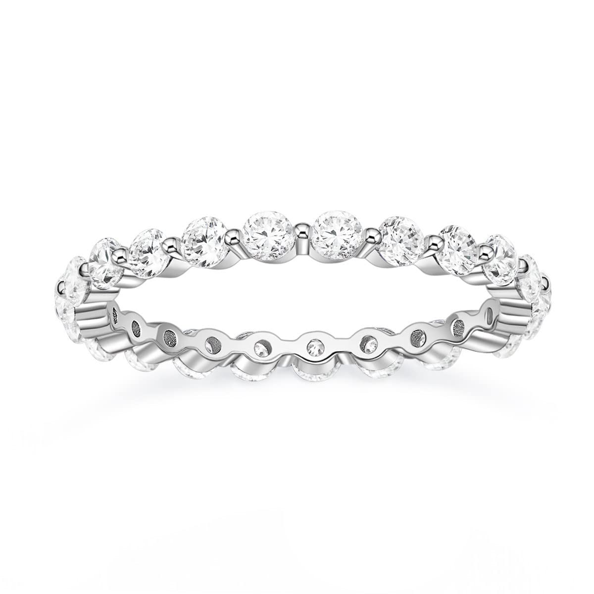 EAMTI 2mm 925 Sterling Silver Wedding Band Round Cubic Zirconia Full Eternity Stackable Engagement Ring for Women Size 6
