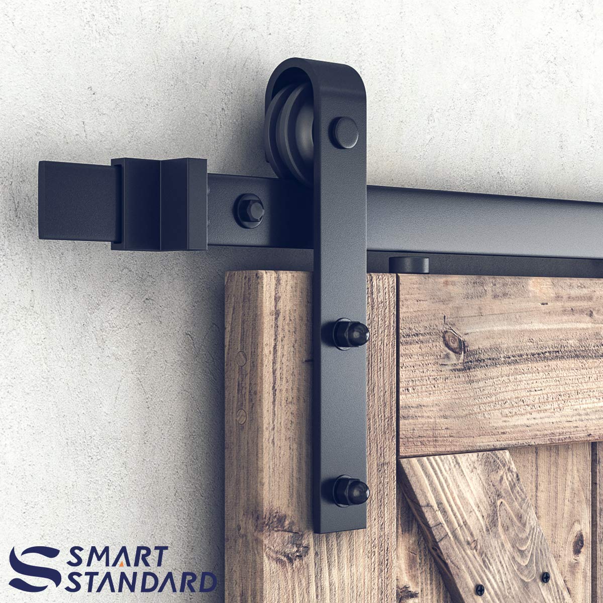 8ft Heavy Duty Sliding Barn Door Hardware Kit(J Shape) + Barn Door Bottom Adjustable Floor Guide Roller + 12" Pull and Flush Barn Door Handle + Barn Door Large Size Latch Lock