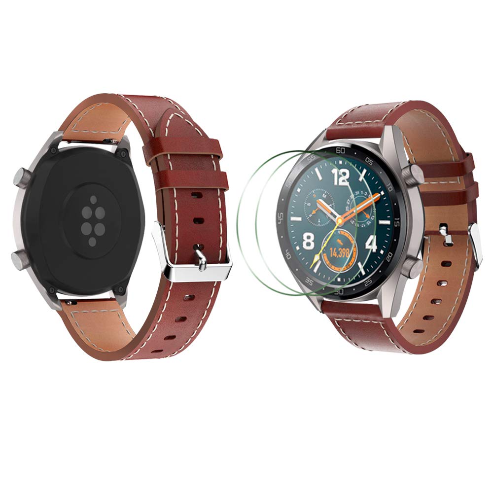 SourceTon Compatible with Huawei Watch GT/GT2 Leather Watch Band and Screen Protectors, Leather Replacement Wristbands (Brown) with Metal Buckle and Screen Films for Huawei Watch GT/GT2