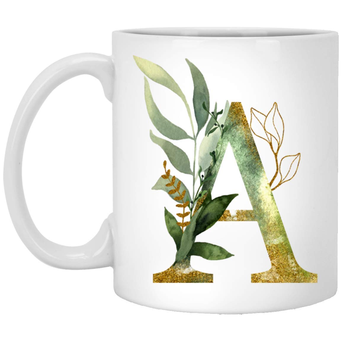 Alpha/A Graphic Letter A Coffee Mug - Alphabet Letter Monogram A - Gold Shimmer Any Letter Floral Alphabet Tea Coffee Hot Chocolate Cup For Her Birthday Christmas Mothers Day Coffee Mug 11oz